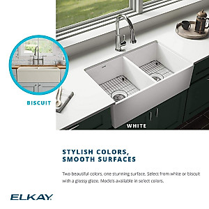 Elkay SWUF32189WH Fireclay Equal Double Bowl Farmhouse Sink, White