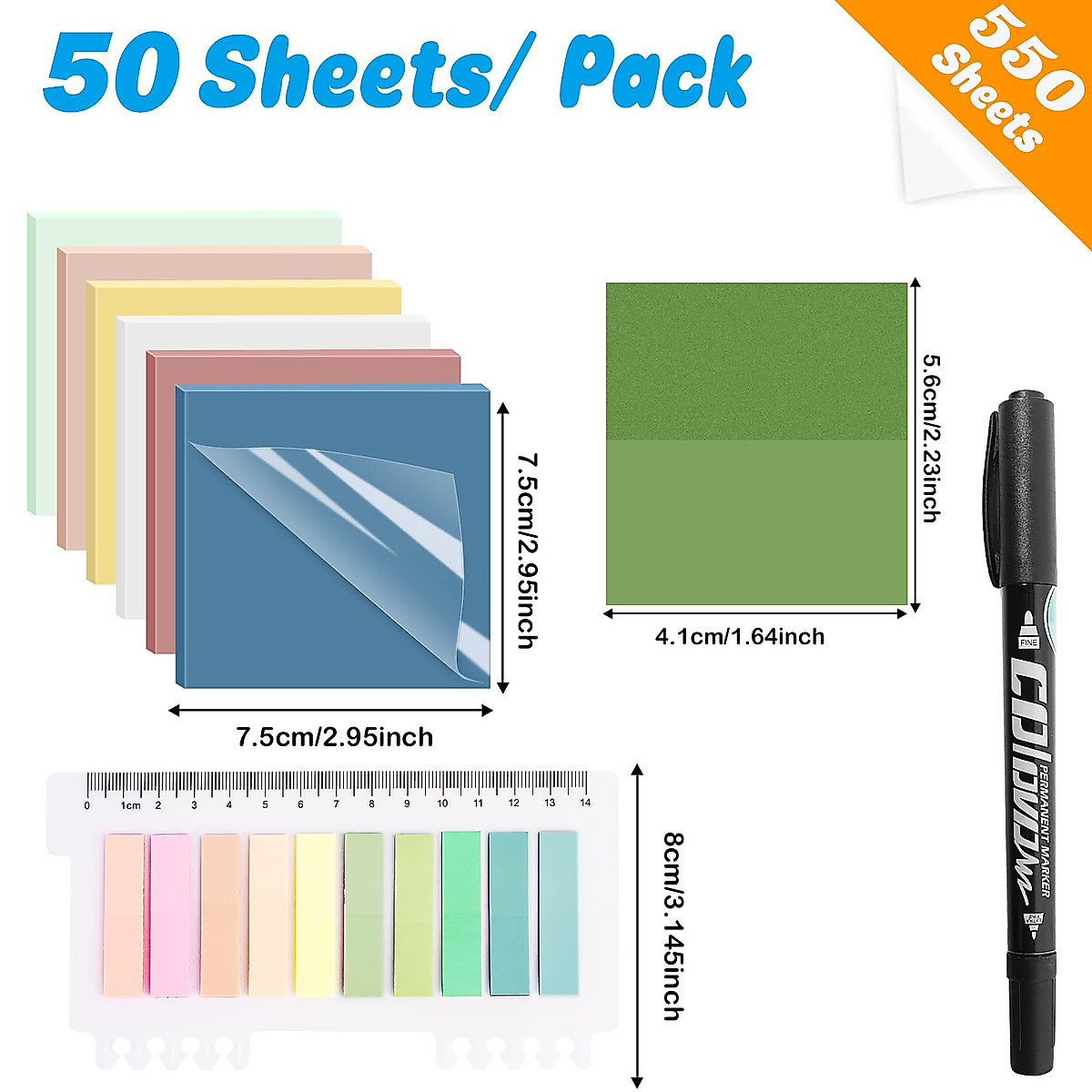550 Pcs Transparent Sticky Notes, 3x3" Clear Sticky Notes with Marker, 2023 Planner XURISEN 9 Pack 2X Sticking Power Translucent Sticky Note Pads for Book Notes Highlights, Clean Removal