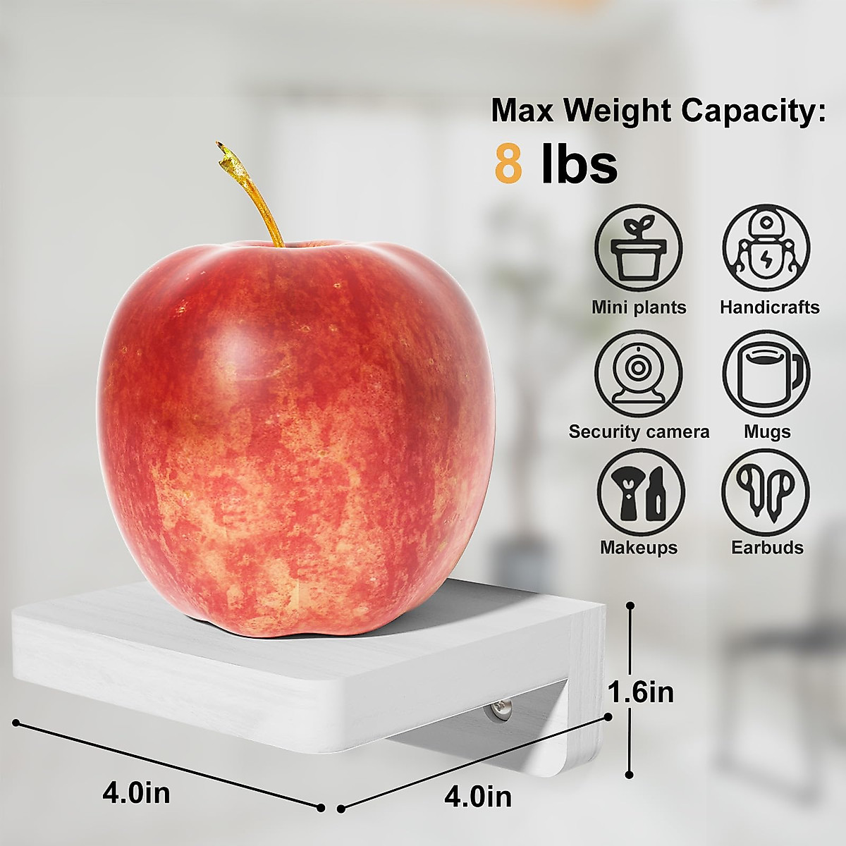 SRIWATANA Small Floating Shelves Wall Mounted, 4 Inch Wood Shelf for Decoration and Storage Set of 8, Mini Display Shelf for Bedroom, Bathroom, Kitchen, Office (White