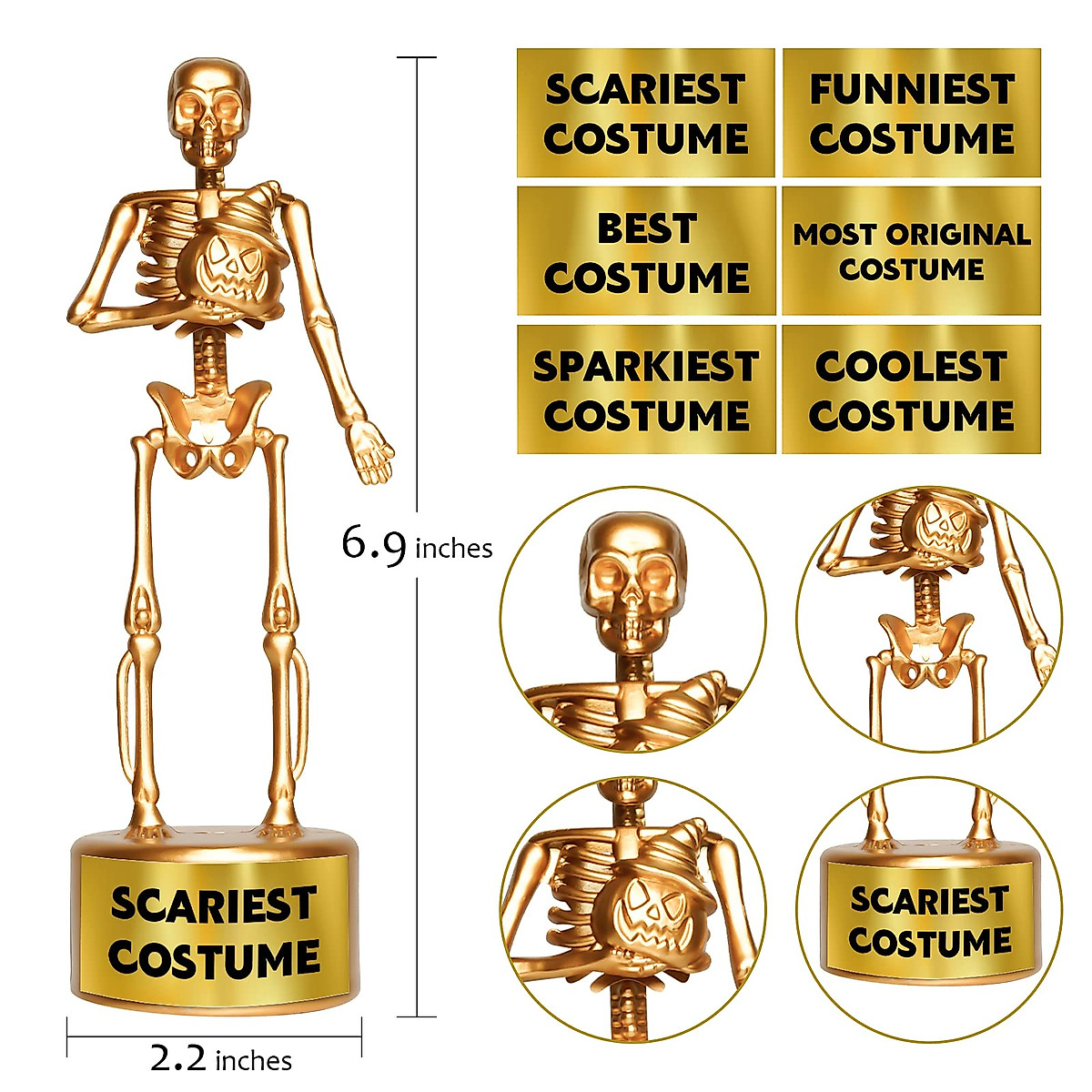 6 Halloween Best Costume Skeleton Trophy, Halloween Skull Party Favor Prizes, Halloween Party Supplies Gold Bones Game Awards, Costume Contest Event Trophy, School Classroom Rewards for Kids(B)