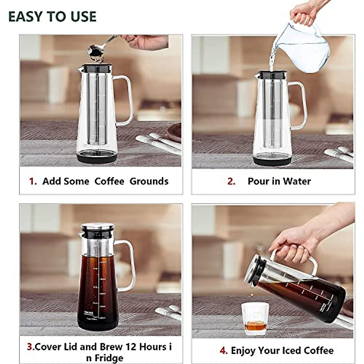 Cold Brew Coffee Maker with Lid and Handle 47oz / 1.4 Liter, Durable Glass Pitcher Carafe, Stainless Steel Mesh Filter Infuser, Dishwasher Safe, for Iced Coffee, Cold Brew, Juice, Tea & More