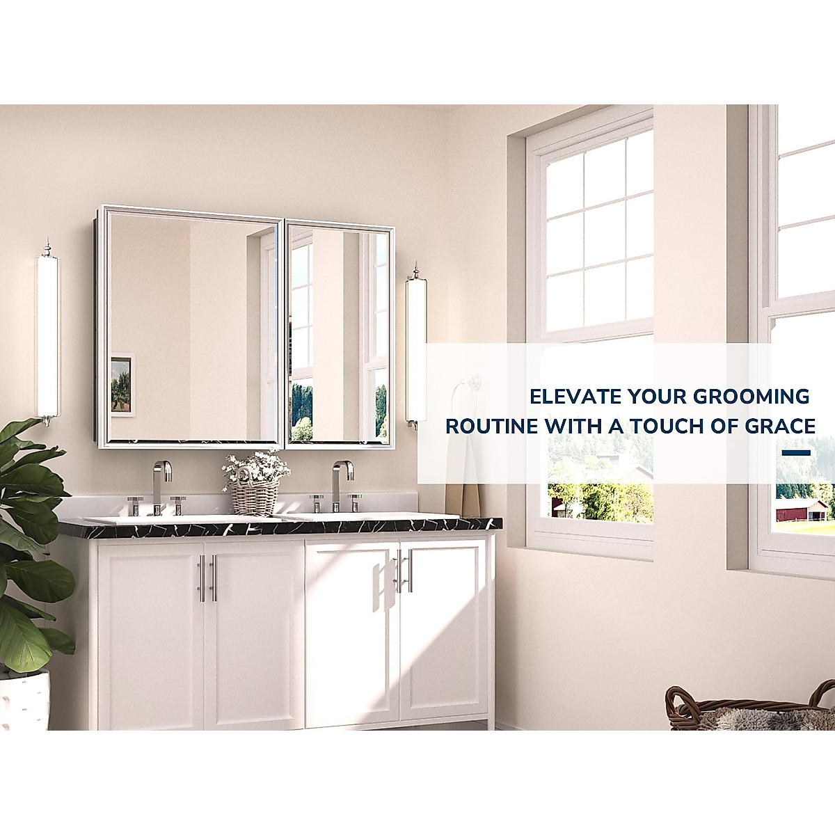 TETOTE 40x30 Inch Medicine Cabinet Silver Framed Bathroom with Mirror Aluminum Framed Surface or Recessed Wall-Mounted Medicine Cabinets Beveled Mirror with Storage 2 Door Modern Farmhouse