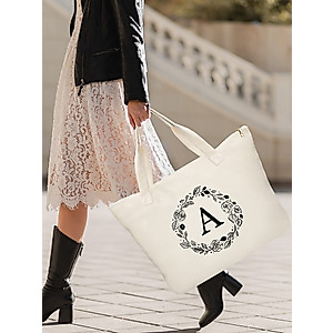 Binggemen Personalized Initial Canvas Tote Bag with Zipper, Present Bag with Inner Pocket & Make Up Bag, Great Gifts for Women, Mom, Teachers, Friends, Bridesmaids