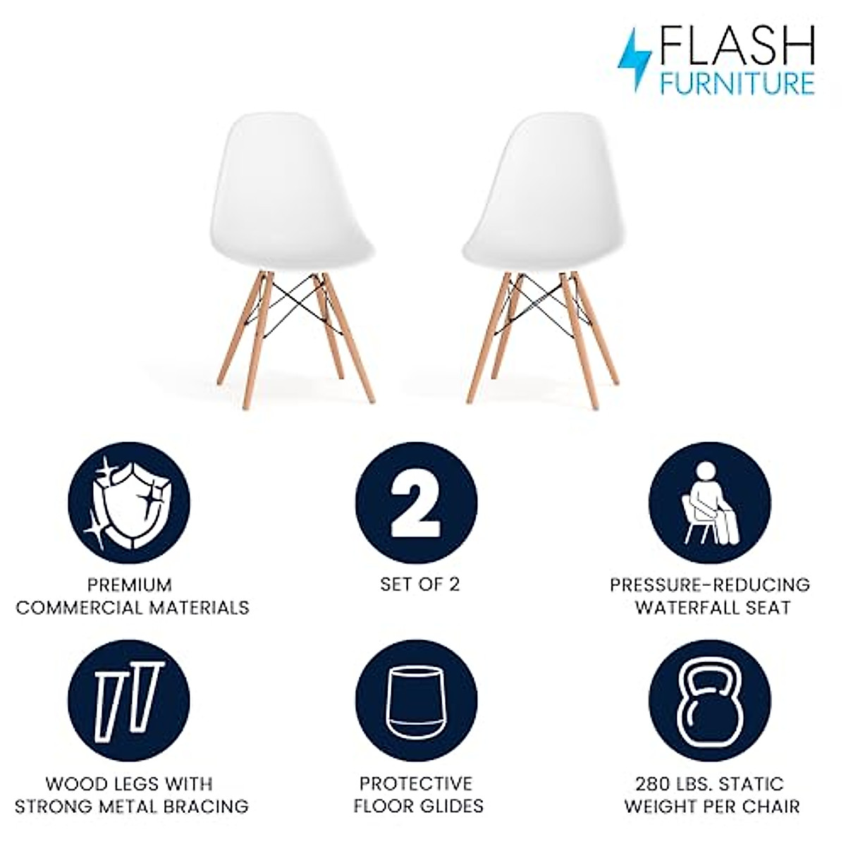 Flash Furniture Elon Series Plastic Modern Dining Chairs with Wooden Legs, Mid-Century Side Chairs for Dining Rooms and Offices, Set of 2, White