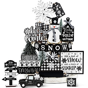 Black and White Plaid Christmas Tiered Tray Decor - Snowman, Snowflake, Gnome, Truck, Xmas Tree Wooden Signs for Table Shelf