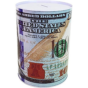 $100 Dollar Bill Piggy Bank 5 7/8" Tall Coin Saving Money Currency Benjamin Franklin Tin Can Banknote Jar (1 Pack, 5 7/8" X 4")