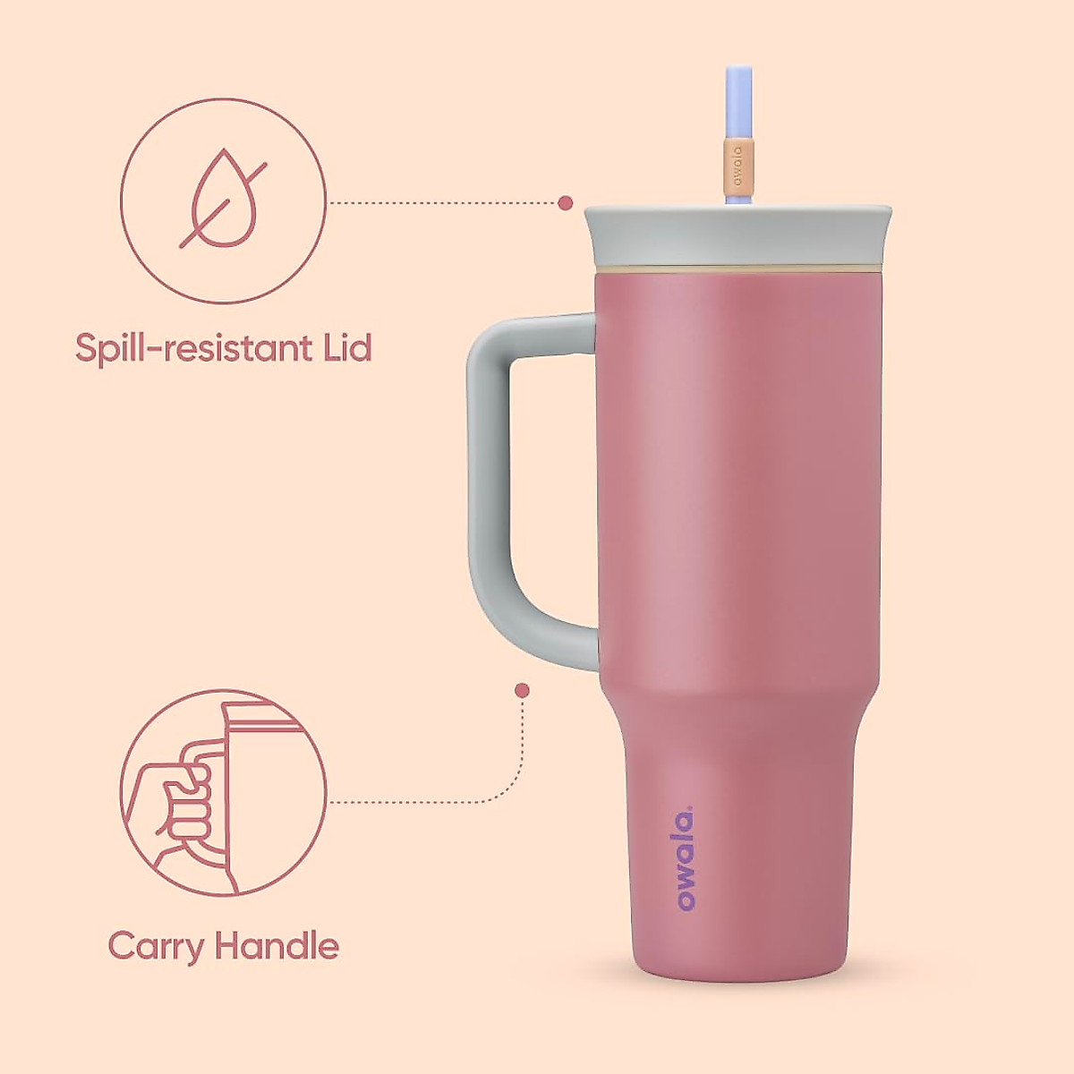Owala Stainless Steel Triple Layer Insulated Travel Tumbler with Spill Resistant Lid, Straw, and Carry Handle, BPA Free, 40 oz, Dusty Pink (Yoga Rose)