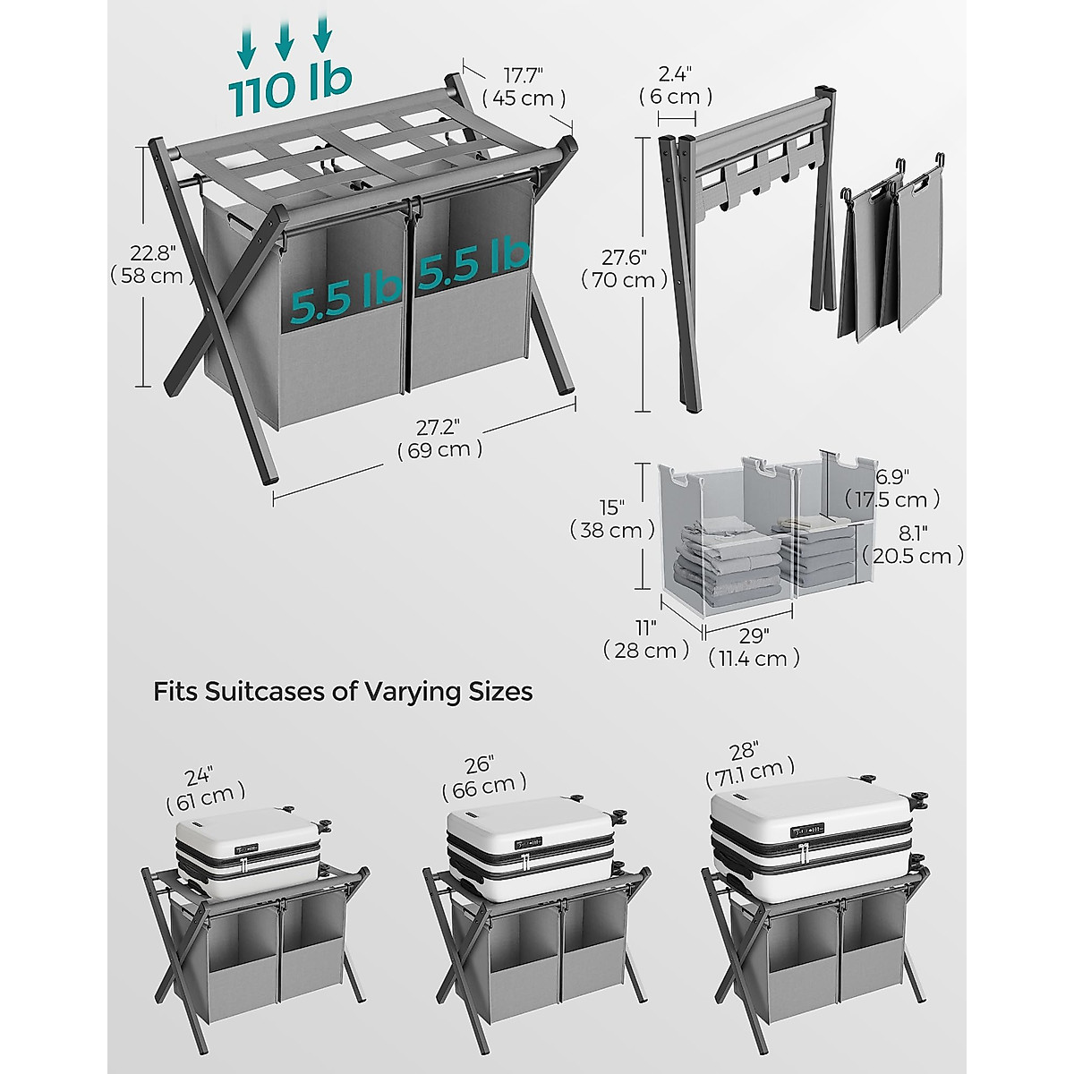 SONGMICS 2 Pack Luggage Racks with 2 Removable Laundry Bag, Set of 2 Suitcase Stands for Guest Room, Foldable for Space-Saving Storage, Steel Frame, Hotel, Bedroom, Slate Gray URLR008G02