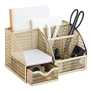 BLU MONACO Designer Metal Gold Desktop Organizer - Desk Organization for Office Accessories - Supplies, Pencils, and Pen Holder for Desk - Cute Gold Desk Accessories - Small Office Desk Organizers