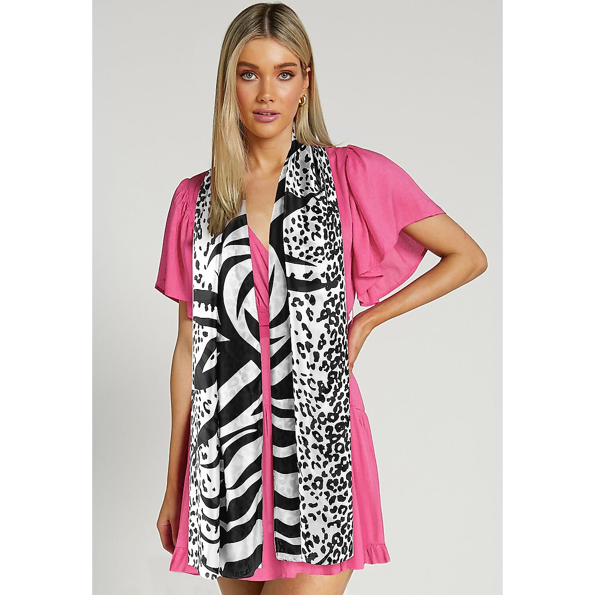 GERINLY Animal Print Shawl Wraps Zebra & Leopard Pattern Silky Scarf for Women Fashion Print Accessory (Black)