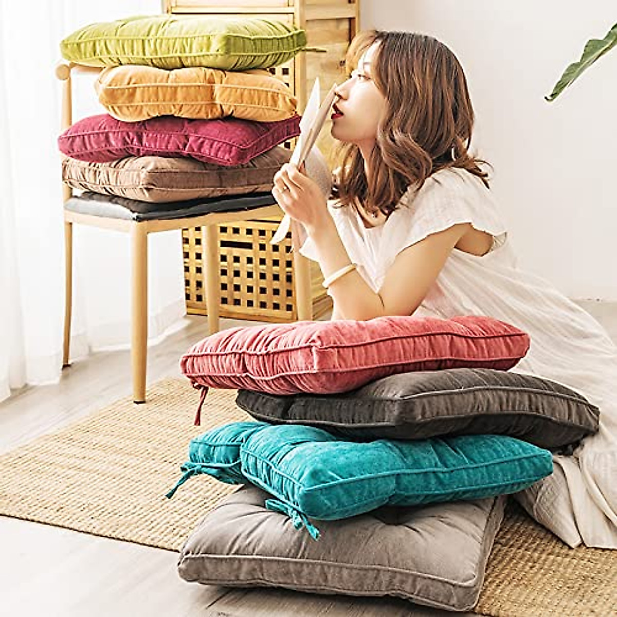 SUCADA Modern Velvet Chair Pads,Square Lumbar Back Support Seat Cushion Cozy Soft Seat Pad with Ties,Corduroy for Kitchen Garden Living Room Dining Office-Dark Gray a 43x43cm+43x30cm