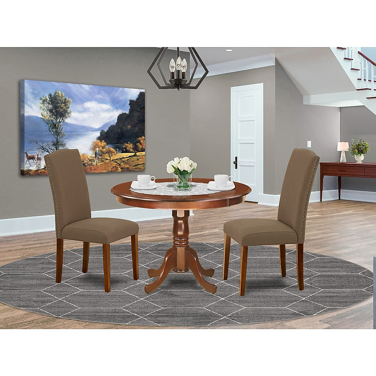 HomeStock Renaissance Refinement 3Pc Rounded 42 Inch Dining Room Table and 2 Parson Chair with Mahogany Leg and Linen Fabric Dark Coffee