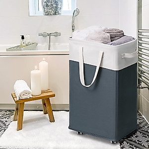 Goodpick Laundry Basket with Wheels, 75L Collapsible Tall Laundry Hamper, Large Laundry Basket with Removable Wash Bag for Corner Dorm, Rolling Slim Laundry Basket on Wheels, Grey&White