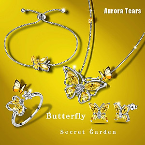 Aurora Tears Butterfly Jewelry Set,925 Sterling Silver Butterflies November-Citrine Birthstone Pendant Necklace/Earrings/Rings/Bracelets for Wedding Gift