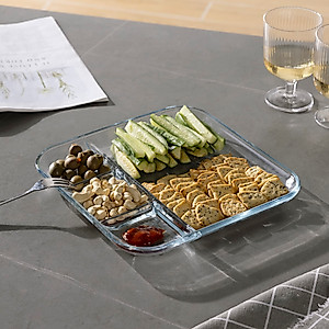 Navaris Glass Divided Plates (Set of 2) - 4 Section Divider Snack Plate for Adults, Serving, Portion Control - Square Clear Platter with Food Dividers