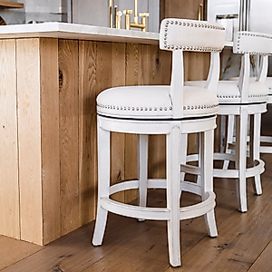 Maven Lane Alexander 31 Inch Tall Bar Height Rotating Low Back Barstool in White Oak Finish with Natural Color Fabric Upholstery Seat