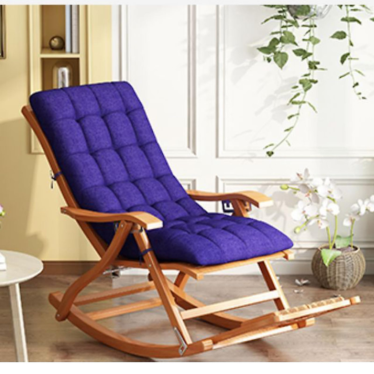 Foldable Recliner,Bamboo Lounge Chair,Foldable Rocking Chair,Garden Deck Chairs for Elderly,Outdoor Rocking Chair,Garden Chair,with Headrest Pillow and Foot Massage Board(Blue Purple)