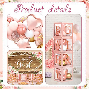 Rose Gold Baby Shower Decorations for Girl, Rose Gold Pink Balloon Arch Garland Kit with Baby Boxes with Letters, Baby Girl Backdrop and Tablecloth for Butterfly Baby Shower Decor, Girl Birthday