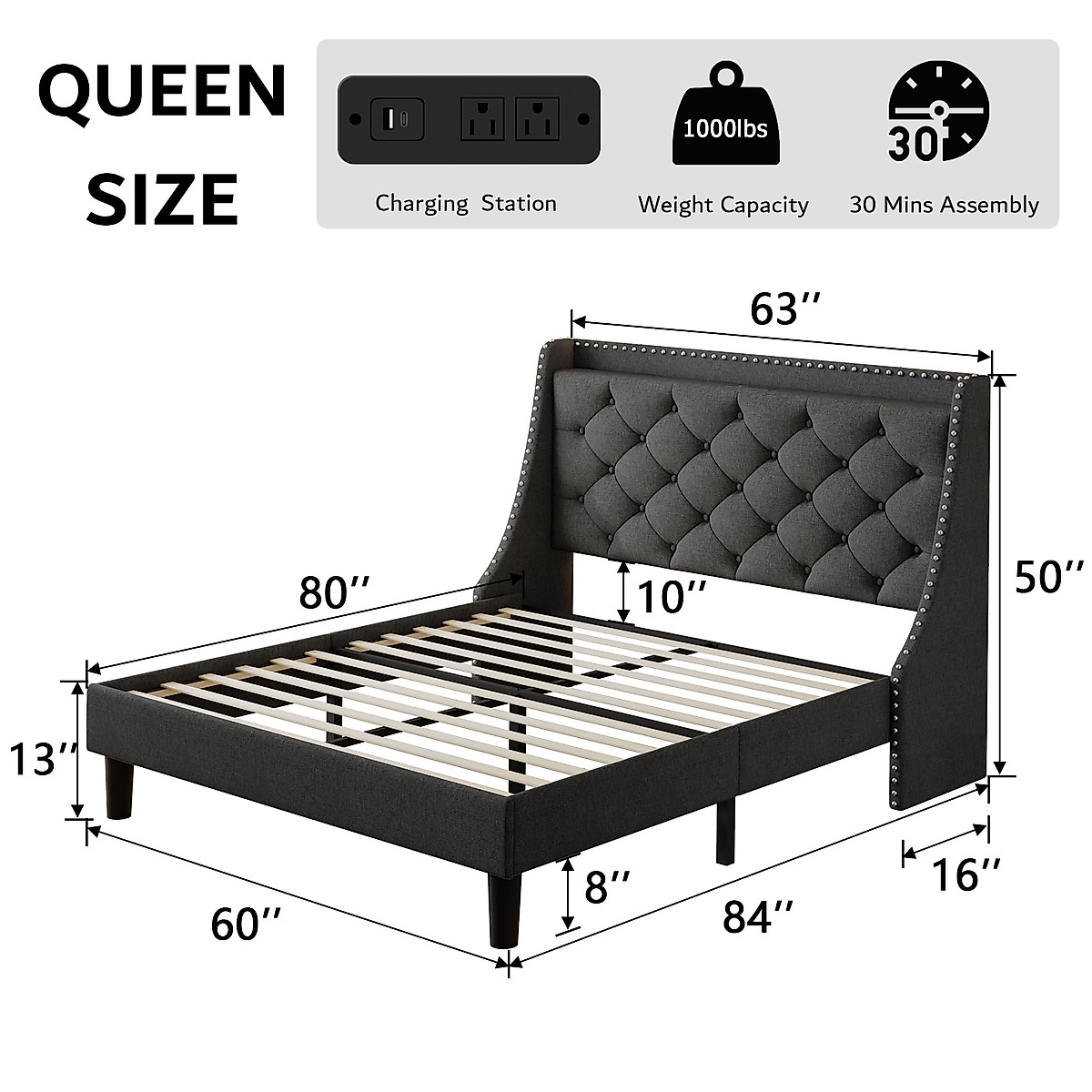 iPormis Queen Bed Frame with 16" Comfort Wingback & Charging Station, Upholstered Platform Bed with Button Tufted Storage Headboard, Solid Wood Slats Support, No Box Spring Needed, Dark Grey