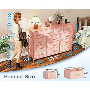 Casaottima Dresser for Bedroom with Charging Station, 57" Long Dresser with 13 Storage Drawers, Large Fabric Dressers Chests of Drawers with Shelves, Pink