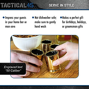Tactical45 Shot Glass Set - Novelty 50 Caliber Ammo Casing 4pc Gold Shot Glasses for Father’s Day or Groomsmen Gifts