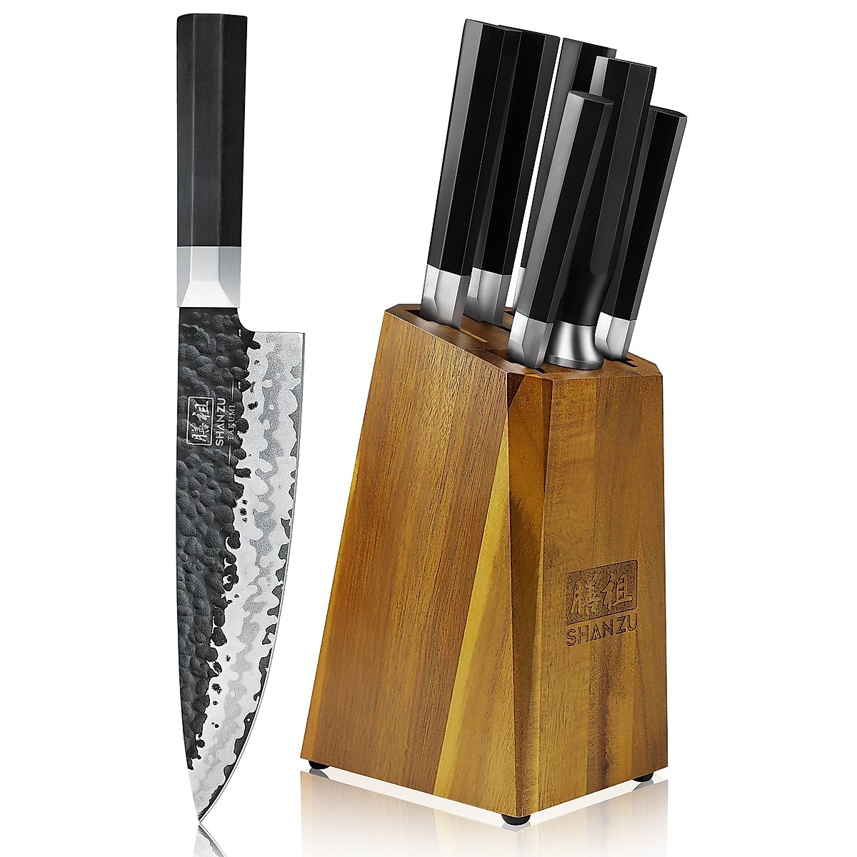 SHAN ZU 7-Piece Japanese Knife Set - 7 Layers 9Cr18MoV High Carbon Steel Kitchen Knife Set with Block and Sharpener,Ultra-Sharp Chef Knife Set with G10 Handle