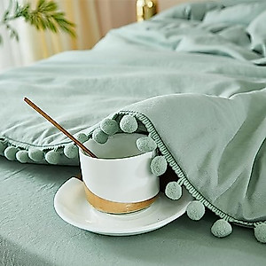 Litanika Queen Comforter Set Sage Green, Bed in a Bag 7 Pieces Pom Pom Fringe Comforter, Aesthetic Boho Bedding Set with Comforter, Sheet, Pillowcases & Shams