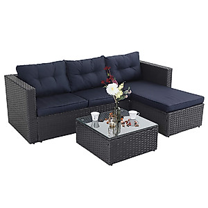 PHI VILLA 77" Wide Outdoor Rattan Sectional Sofa with Cushions - Small Patio Wicker Furniture Set (3 - Person Seating Group, Blue)