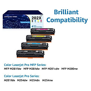 HOTOINK 202X Toner Cartridge 4 Pack Compatible Replacement for HP 202X 202A CF500X CF500A Color Pro MFP M281fdw M281cdw M254dw M281fdn 281fdw M254 M281 Toner Printer (Black Cyan Yellow Magenta)