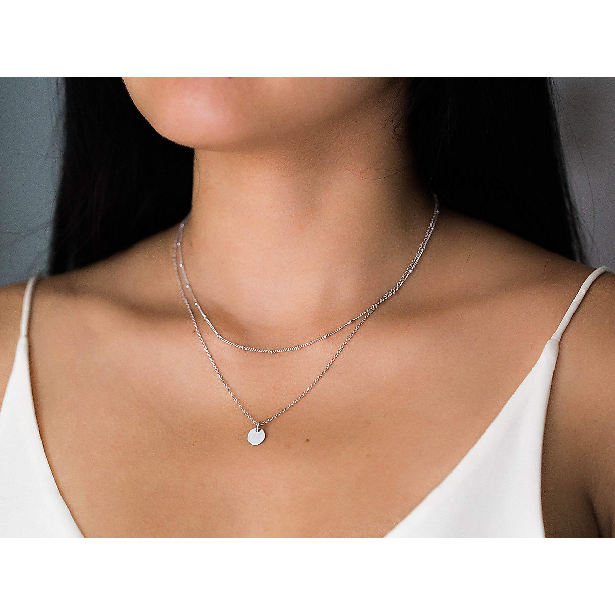 Aisansty Silver Choker Necklaces for Women Handmade Dainty Satellite Bead Chain Coin Pendant Layered Necklace