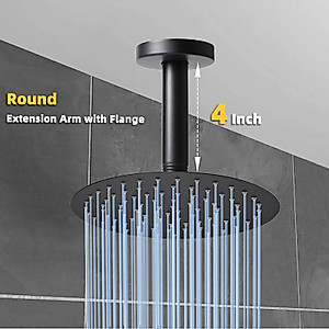 BSTIIU 4 Inch Shower Arm with Flange, Ceiling Mounted Shower Head Extension Arm, 1/2 NPT Straight Arm for Rain Shower Head, Stainless Steel Shower Head Extension Replacement Pipe Arm, Black