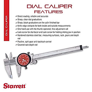 Starrett Starrett 120 Series Stainless Steel Dial Caliper with Lock Screw and Fitted Plastic Case - Red Face, 0-6" Range, 001" Graduations, .001" Accuracy - R120A-6