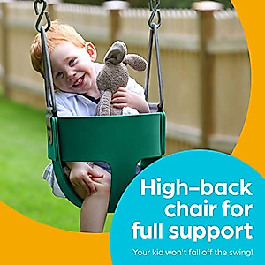Jungle Gym Kingdom Toddler Swing - Heavy Duty, High Back, Full Bucket Baby Swing Seat with Coated Chains for Outdoor Use - Fully Assembled - Green