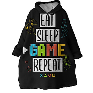 BlessLiving Gamepad Wearable Blanket Hoodie for Kids Boys, Kids 54" x 28", Teen Gaming Sherpa Oversized Hooded Blanket Hoodie Sweatshirt Blanket with Pockets, Black