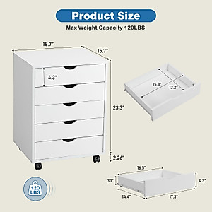 OLIXIS 5 Drawer Chest Wood File Cabinet Rolling Storage Dresser with Wheels for Home Office, White
