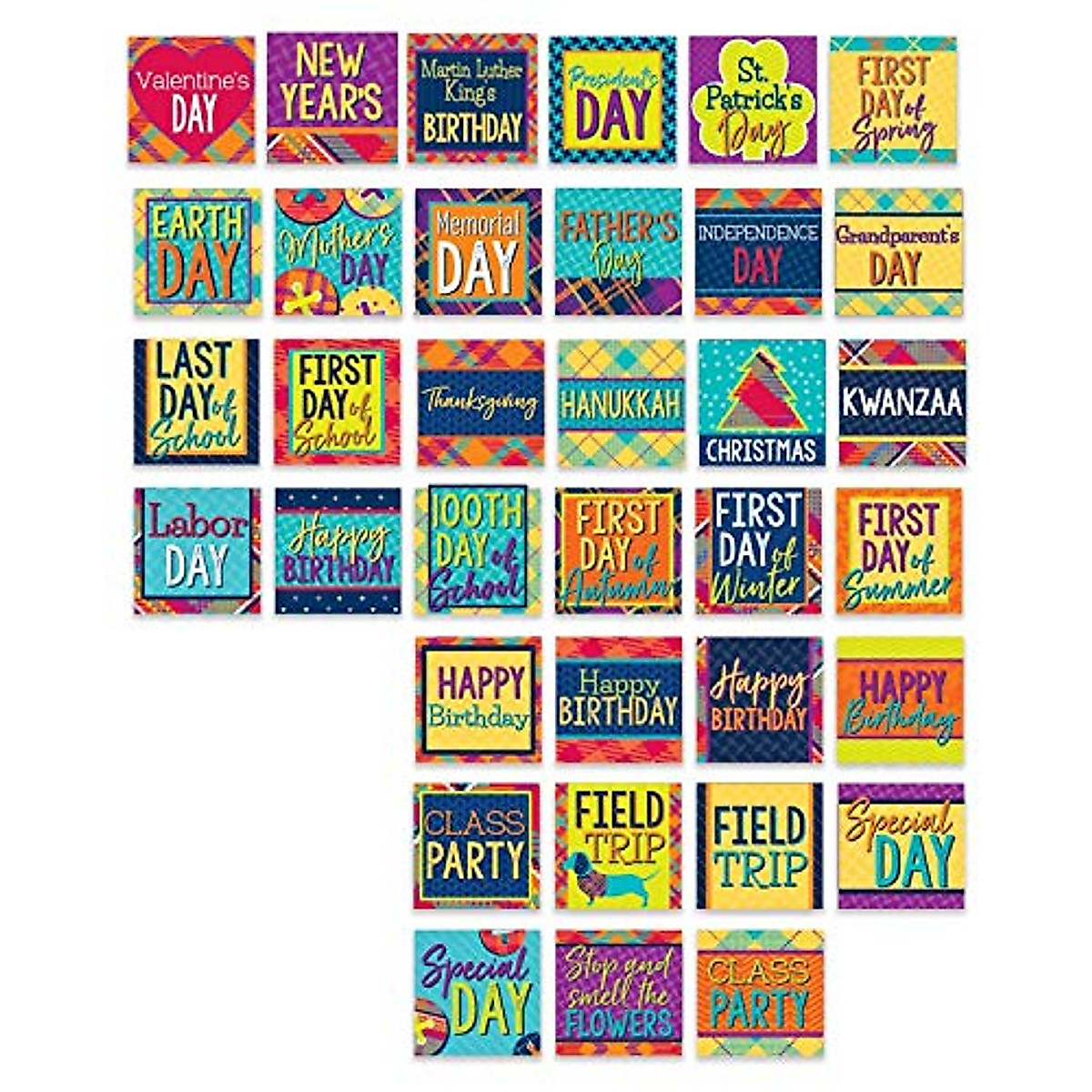 Eureka Multicolor Plaid Calendar Bulletin Board Classroom Decoration Set, 83pcs
