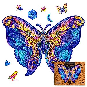 UNIDRAGON Wooden Jigsaw Puzzles - Intergalaxy Butterfly, 199 pcs, Medium 12.6"x9", Beautiful Gift Package, Unique Shape Best Gift for Adults and Kids