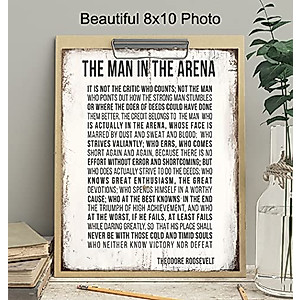 Teddy Roosevelt Man in the Arena Inspirational Quote Wall Art Print - Rustic 8x10 Sign Poster Photo - Home, Dorm, Office Decor - Motivational Gift for Entrepreneur, Graduation, Student - Unframed