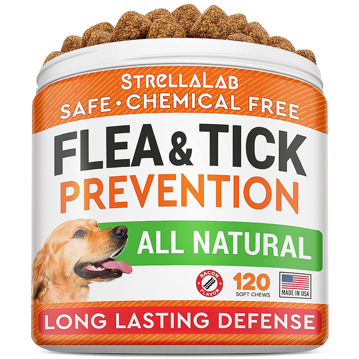 STRELLALAB Natural Flea and Tick Prevention Chews for Dogs - Chewable Tablets for Dogs - All Breeds and Ages - Made in USA Flea and Tick Remover Supplement - Bacon - 120 Treats