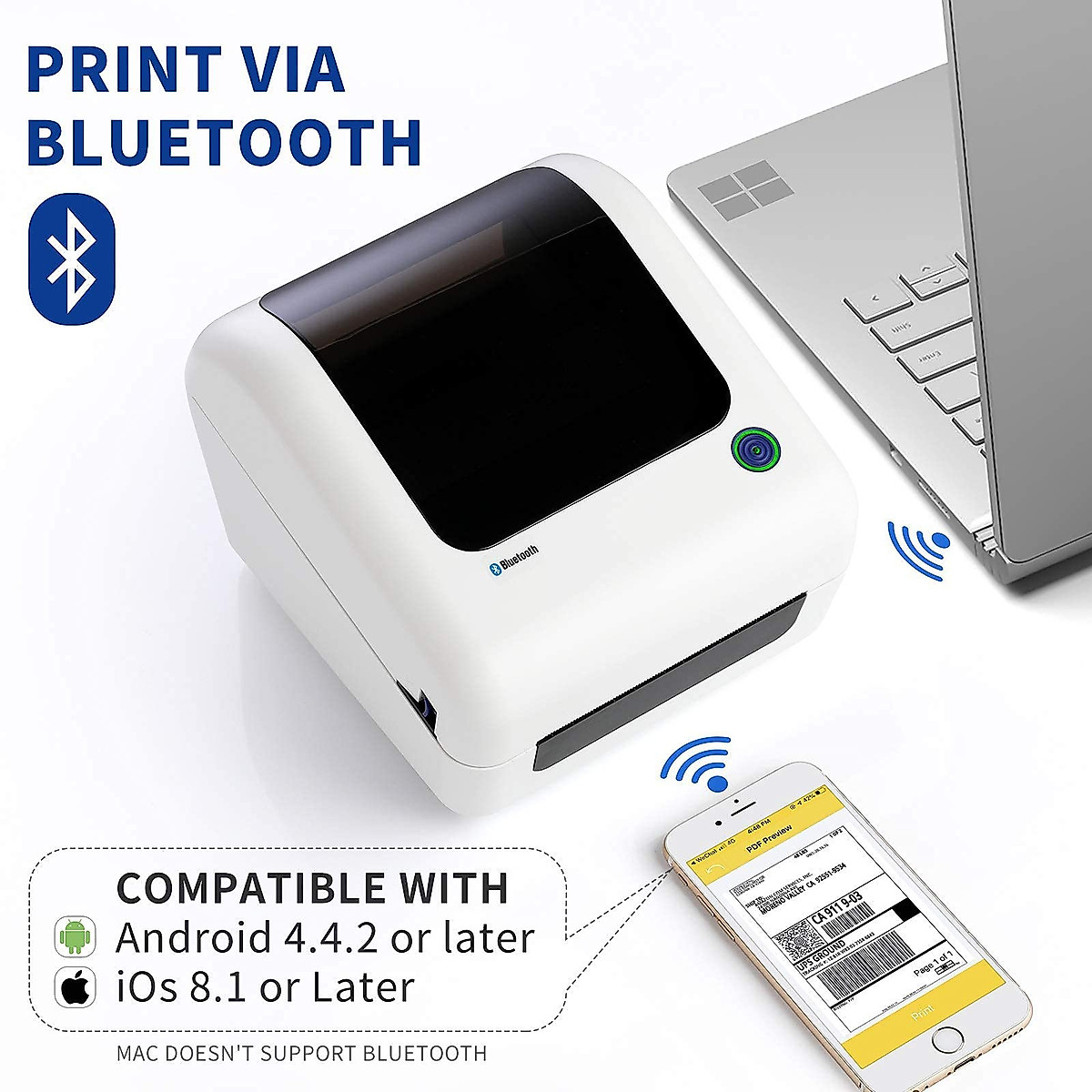 Bluetooth Thermal Shipping Label Printer - High Speed 4x6, Bluetooth Support PC and Mobile, USB for MAC, Bluetooth for PC and Phone, Compatible with Ebay, Amazon, Shopify, Etsy, USPS Barcode