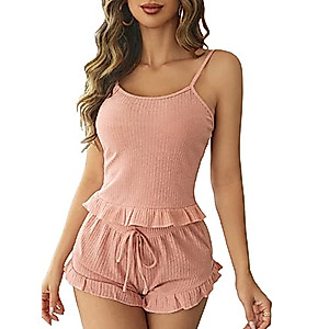 SOLY HUX Women's 2 Piece Sleeveless Crop Tank Top and Fluffy Teddy Shorts Lounge Pajama Set Sleepwear Coral Pink