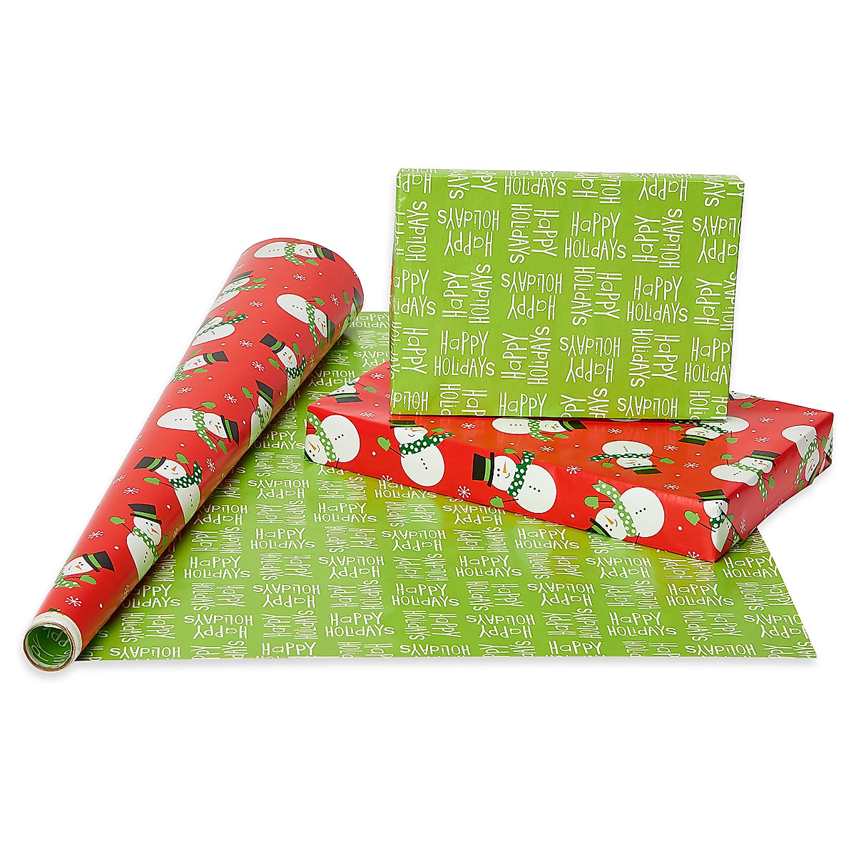 American Greetings Christmas Reversible Wrapping Paper Bundle, Polka Dots, Trees, Snowmen and Snowflakes (4 Rolls, 120 sq. ft.)
