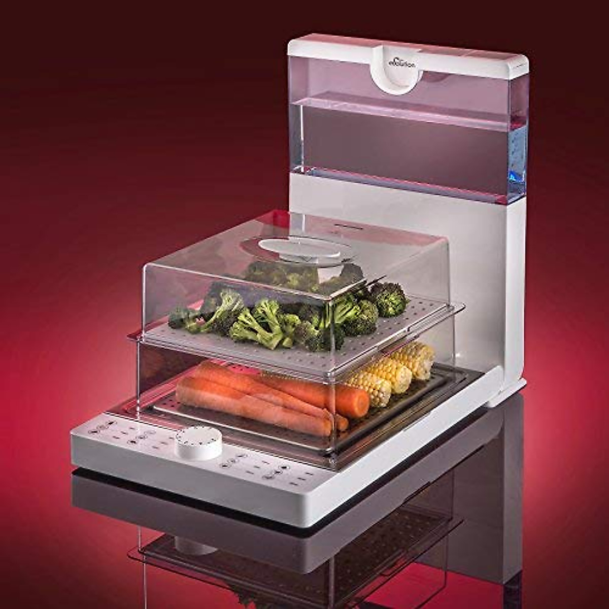 STX Evolution Foldable Family-Sized Food Steamer, Model STX-EV-WH, Featuring a Large Capacity (1.8 Liter) BPA-Free Water Reservoir with Time Matched Water Levels and Dual Level Stackable Trays