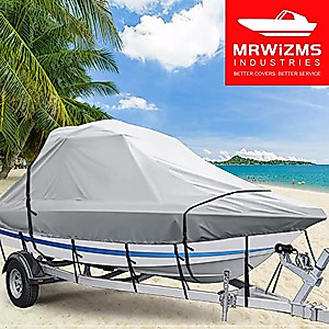 Wakeboard Tower Boat Cover, Heavy Duty 100% Waterproof Over The Tower Cover for V-Hull Fishing Tournament Boat w/Ski Wakeboard Tower Boat Cover (25′-27′L,Up to 116″W, Grey)