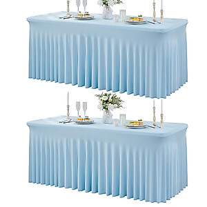 Htper 2 Pack Baby Blue Spandex Table Clothes for 6 Foot Rectangle Tables, Wrinkle Free Fitted Table Cover 6ft Stretch Tablecloths with Skirt for Parties Weddings Birthday Banquet Baby Shower