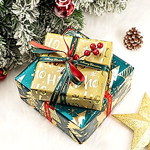 MAYPLUSS Christmas Wrapping Paper Roll - Mini Roll - 17 inch X 120 inch Per roll - 3 Different Dark Green with Glitter Metallic Foil Design(42.3 sq.ft.ttl)