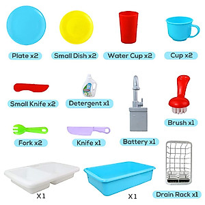 Kids Role Play Kitchen Sink with Running Water - 20 Piece Electric Dishwashing Toy with Working Faucet, Dish Rack, Plastic Dishes, Sponge, Brush and Pretend Dish Soap