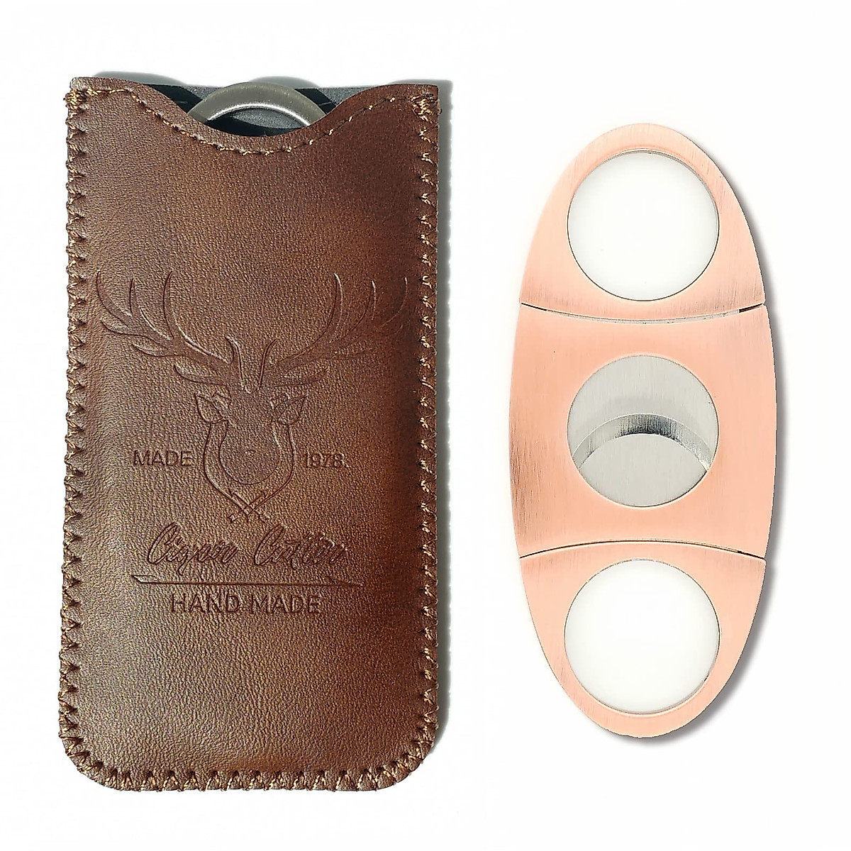 Stainless Steel Cigar Cutter Guillotine with Leather Pouch,Double Blade for a Precise Perfect Cut(Bronze Deer)