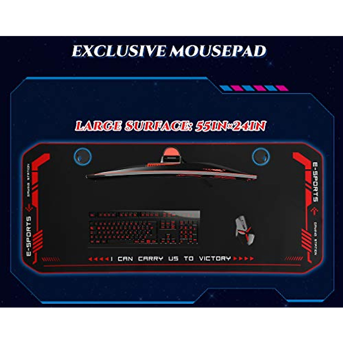 FDW Computer Desk Gaming Desk 55 inches Home Office Desk with Headphone Hook Cup Holder and Socket Rack Full-Surface Mouse Pad Gamer Workstation for Adult Teens,Black