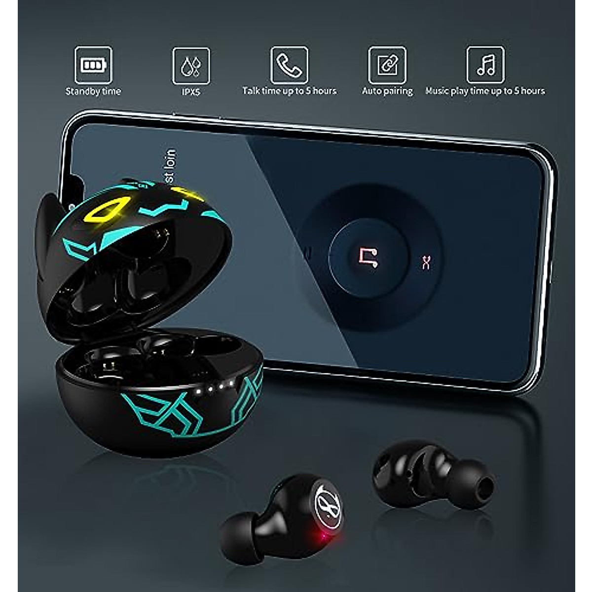 Togetface Kids Wireless Earbuds for Small Ears, Touch Control Headset Stereo Sound in-Ear Headphones, Bluetooth 5.1 Noise Reduction Earphones with Black Blue Cartoon Blinking Eyes Charging Case